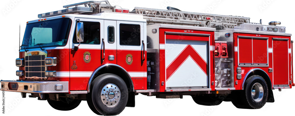 Red modern fire truck with detailed equipment isolated on transparent ...