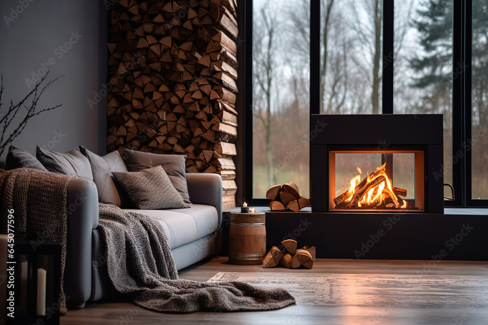 Concept of fireplace with fire at home. Comfortable living room with ...