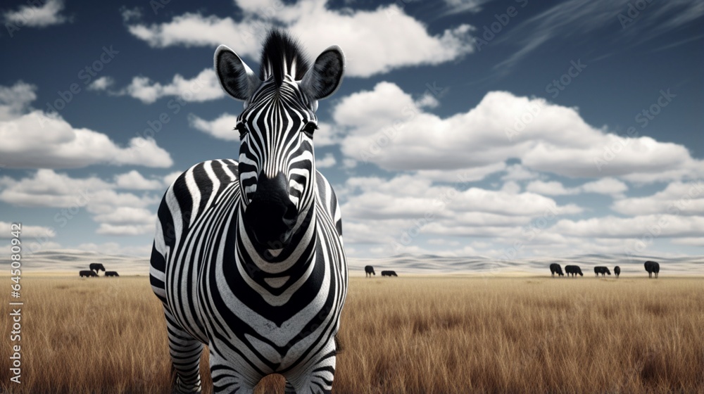 The stark contrast of a black and white zebra grazing in an open field ...
