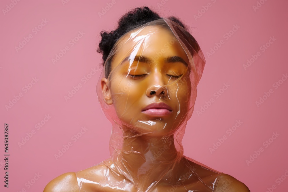 Girl wrapped in transparent plastic, face and neck, with opening on ...