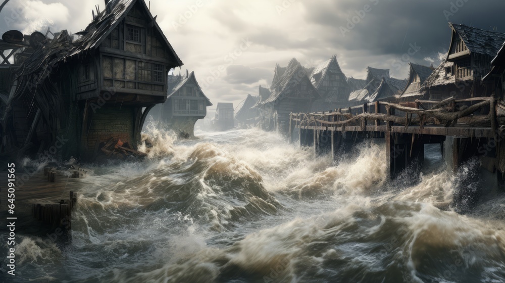 Water masses sweep away a bridge and houses, dramatic scenes, concept ...