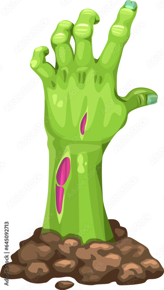 Cartoon zombie hand sticks out from the ground, its decayed and green ...