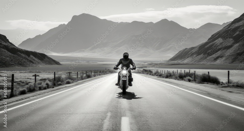a sleek motorbike cruising down an empty, sunlit highway. The rider ...