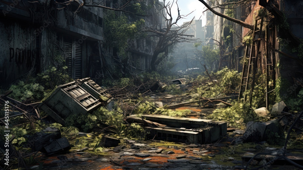 Craft a desolate scene of urban decay, overgrown vegetation, and ...