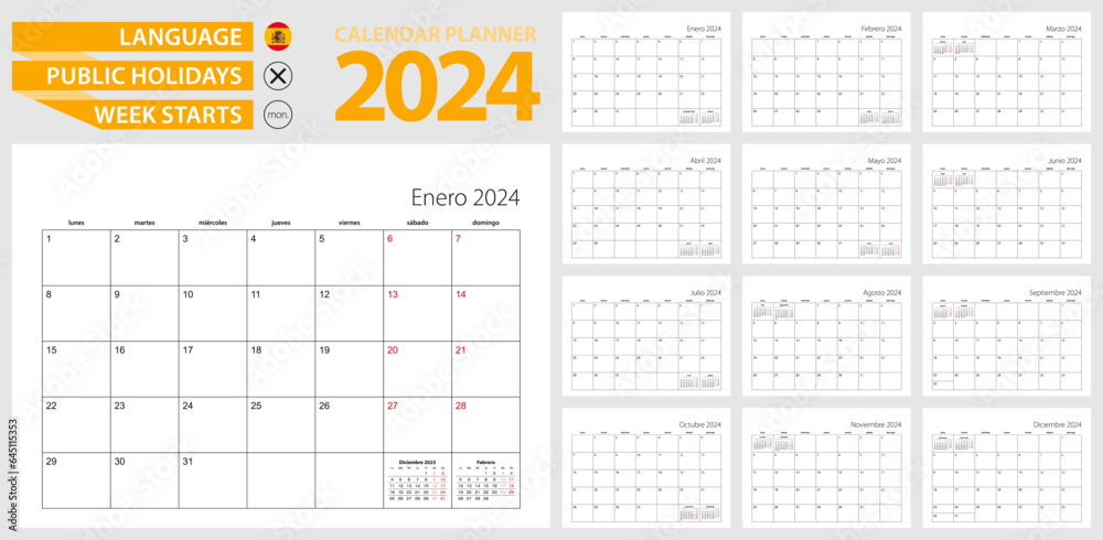 Vetor de Spanish calendar planner for 2024. Spanish language, week ...