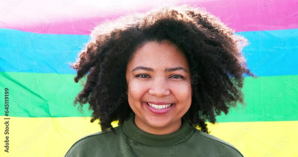 African woman, pride and rainbow flag and face in portrait for gay ...