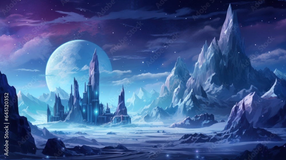 Illustrate an icy and alien planet with towering ice spires, frozen ...