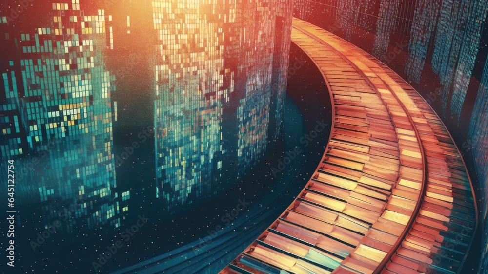 A conveyor belt with data symbols moving through stages of processing ...