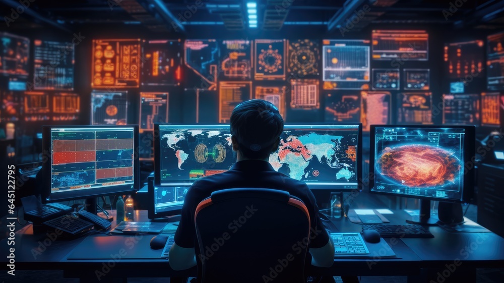 A person in a command center monitoring data flows for anomalies ...