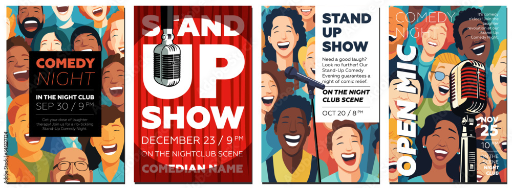 Stand up comedy show poster set. Open mic night comedian event flyer ...