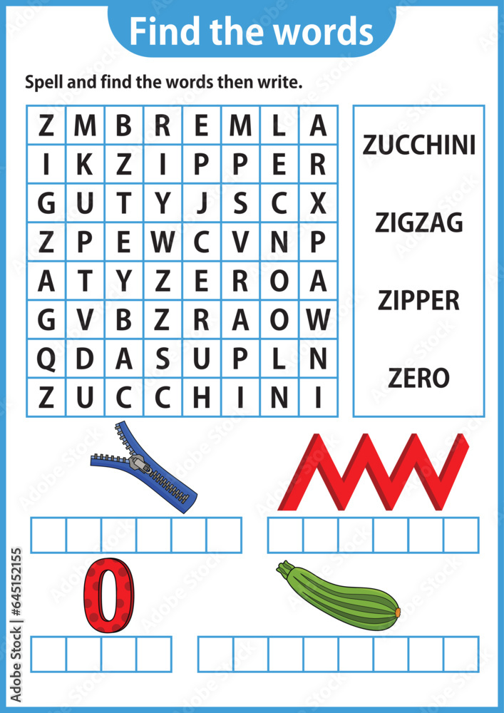 Word puzzle game Word search worksheet Education game for children ...
