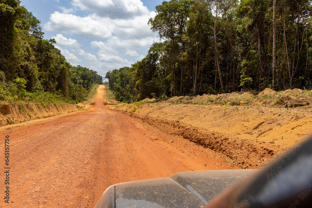 Driving on the famous earth road Transamazonica towards Santarém ...