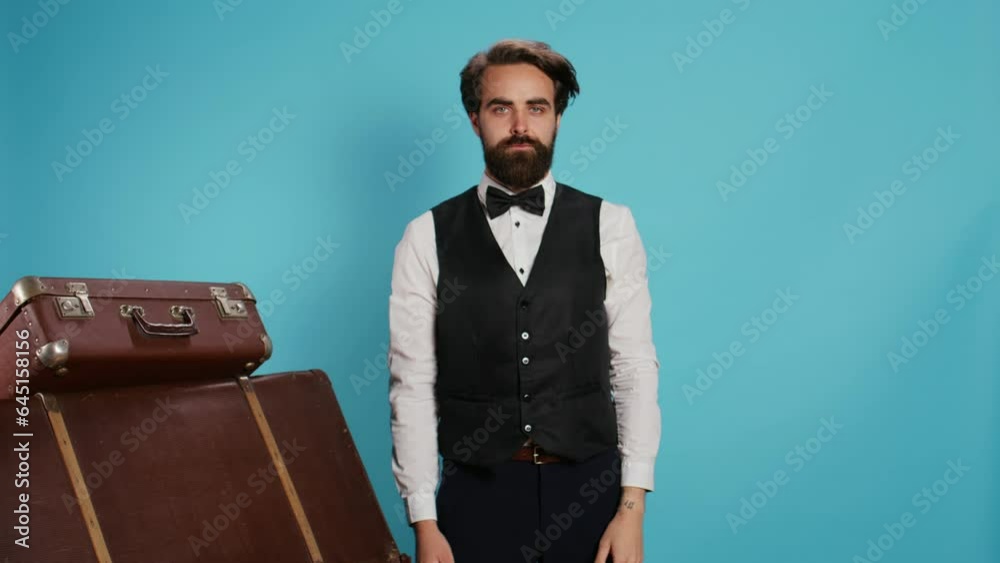 Bellboy raises hand to show stop sign against blue background, working ...
