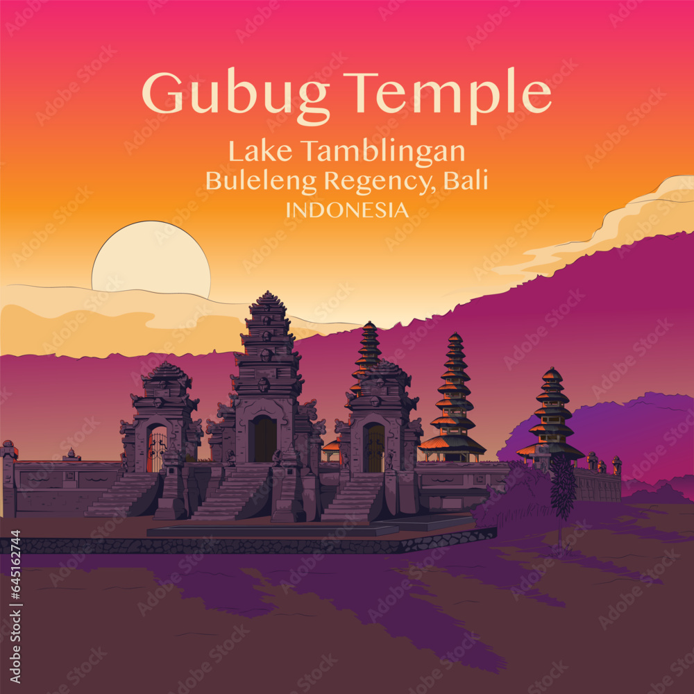 Gubug temple at sunset colored illustration. the Ancient Pura Gubug ...