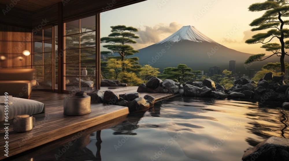 Japanese Hot Springs Onsen Natural Bath onsen ryokan. A small waterfall ...