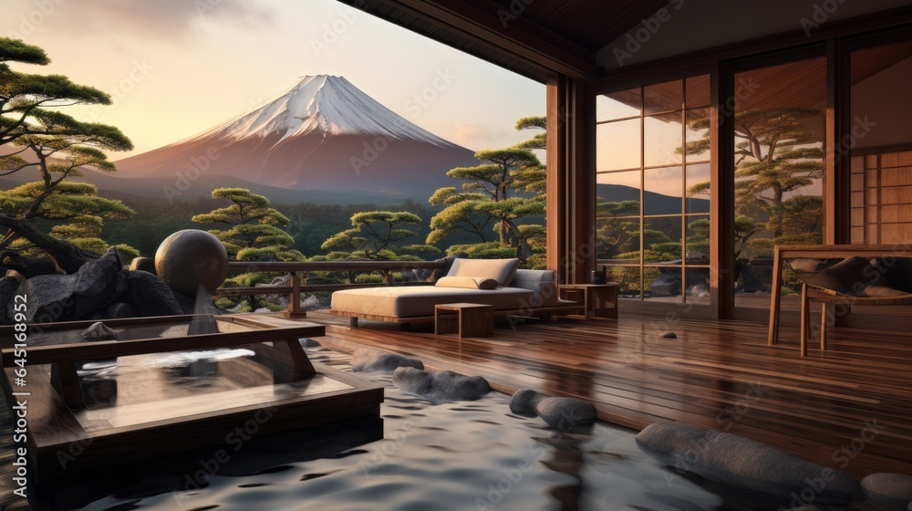 Japanese Hot Springs Onsen Natural Bath onsen ryokan. A small waterfall ...