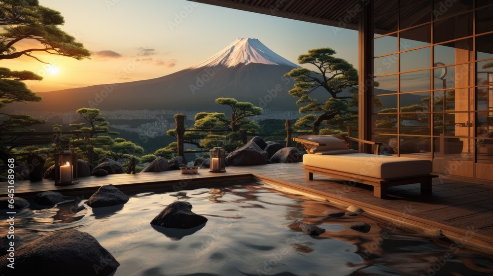 Japanese Hot Springs Onsen Natural Bath onsen ryokan. A small waterfall ...