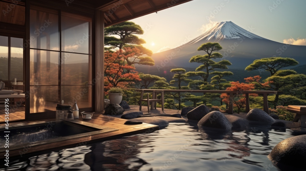 Japanese Hot Springs Onsen Natural Bath onsen ryokan. A small waterfall ...