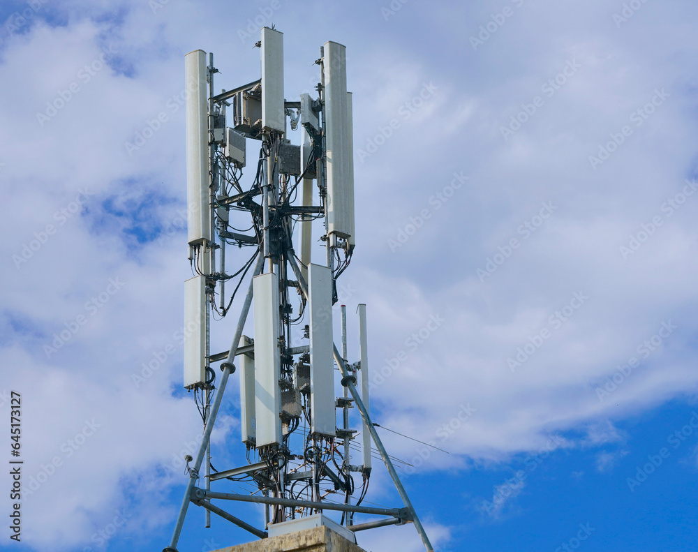 Small Cell 3G, 4G, 5G System. Macro Base Station or Base Transceiver Station on Electricity post ...