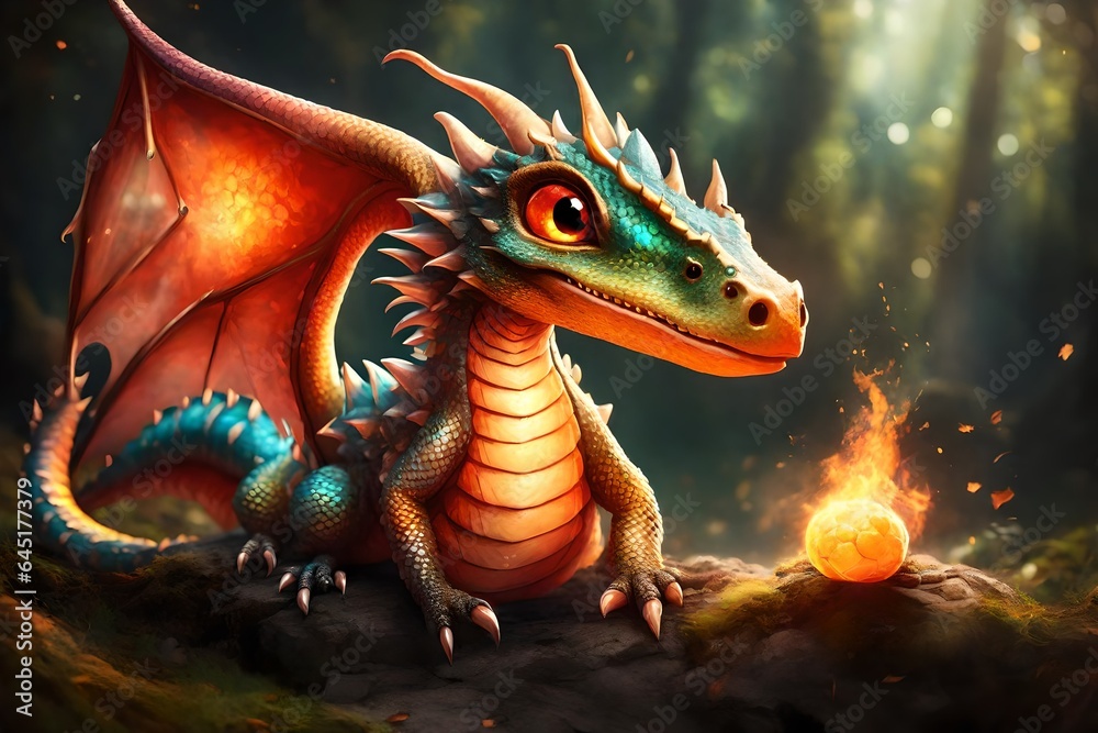 A small dragon with shiny scales. It has big, sweet eyes with a cute ...