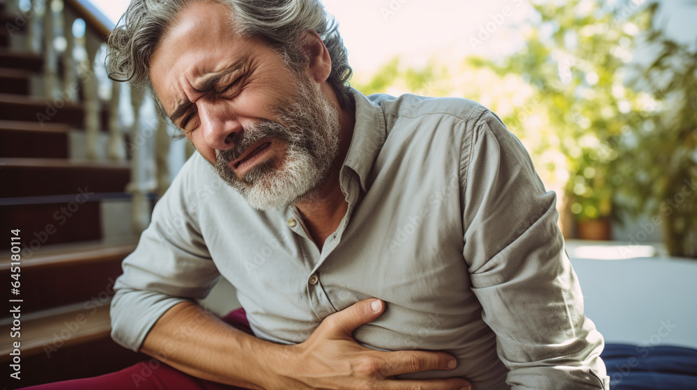 A real photo of Middle - aged man with stomach pain, man holding his ...
