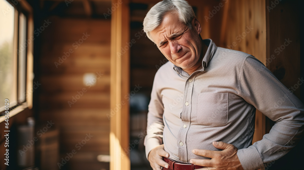 A real photo of Middle - aged man with stomach pain, man holding his ...