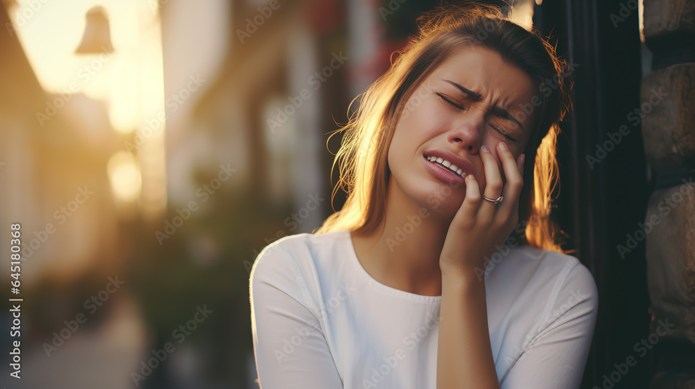 A real photo of portrait of girl having toothache, severely painful ...