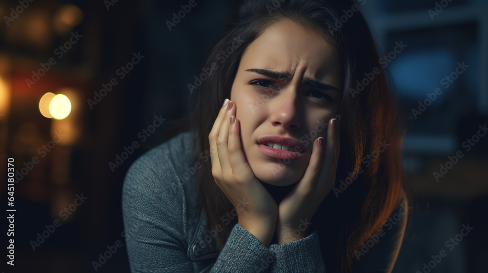 Foto de A real photo of portrait of girl having toothache, severely ...