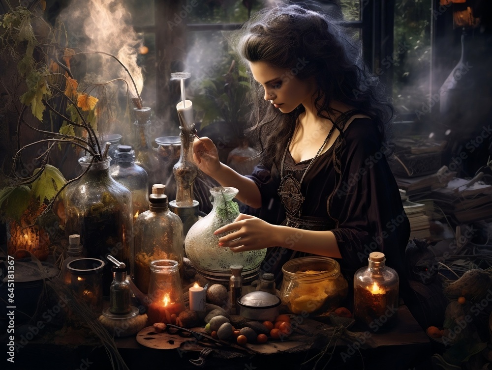 Witch in dark and mystical potion rooma, surrounded by an array of ...