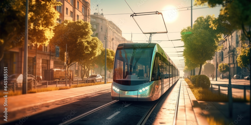 Modern electric tram with solar powered electric system on the street ...