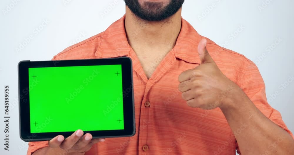 Tablet, green screen and man thumbs up, ok hands and success of social ...