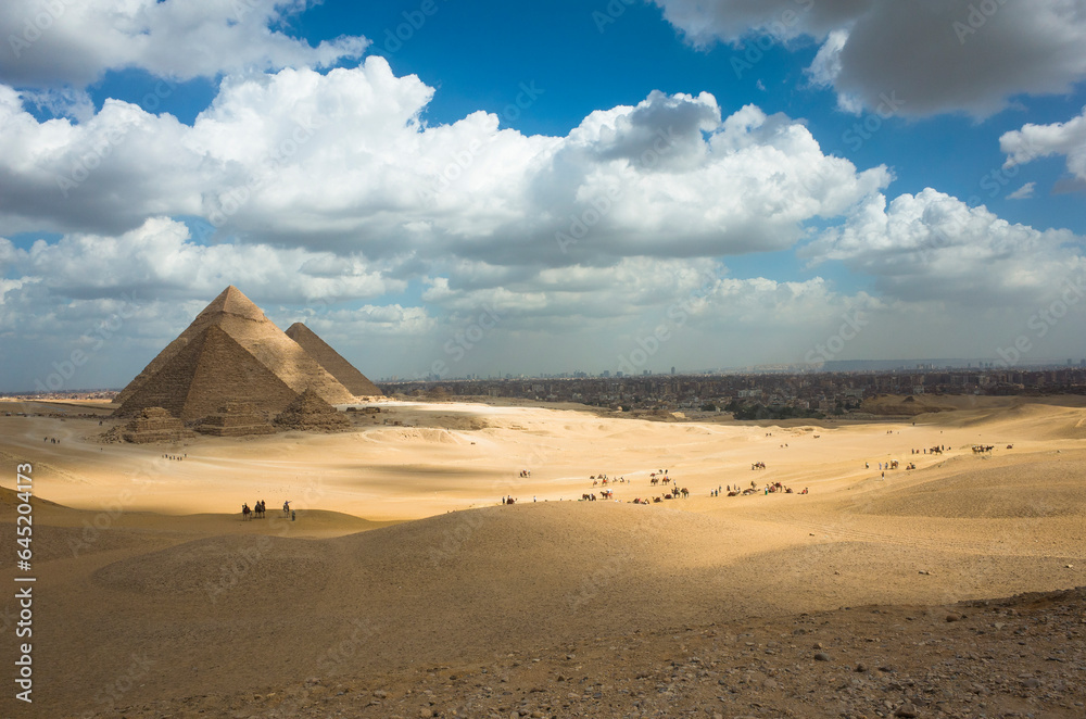 Giza pyramid complex, Egypt, Panorama of three main pyramids and small ...