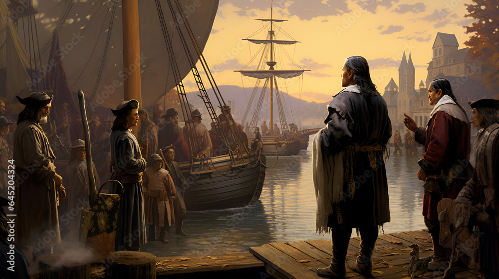 Sailing Ships in harbour Native Americans meet Christopher Columbus ...