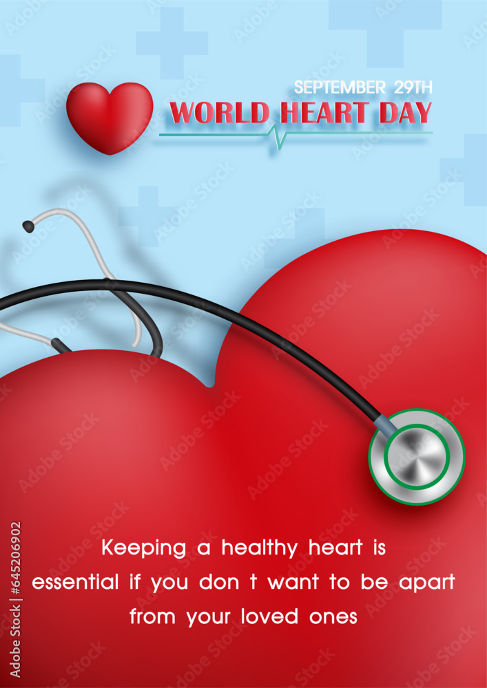 Slogan of Heart day on crop of red heart with stethoscope and wording ...