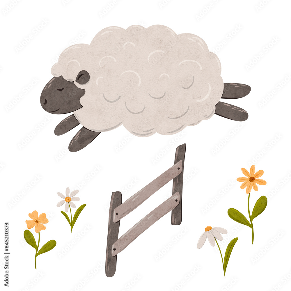 Cute cartoon Sheep jumping over the fence. Good night. Counting sheep ...