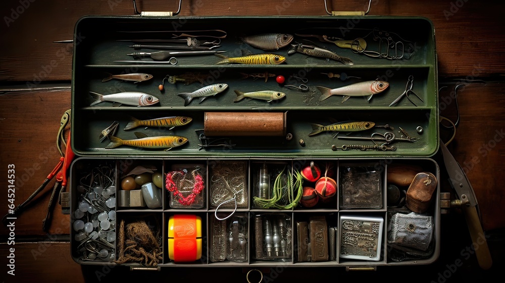 Fisherman's tackle box overflows with a treasure trove of fishing hooks ...