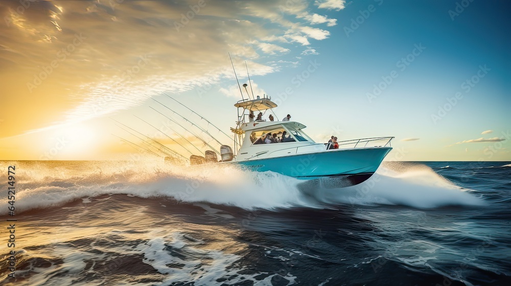 Fishing charter boat glides through the waves, its decks alive with ...