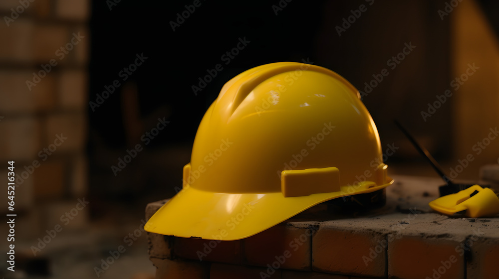 Yellow work helmet, safety gear, construction site, protective ...