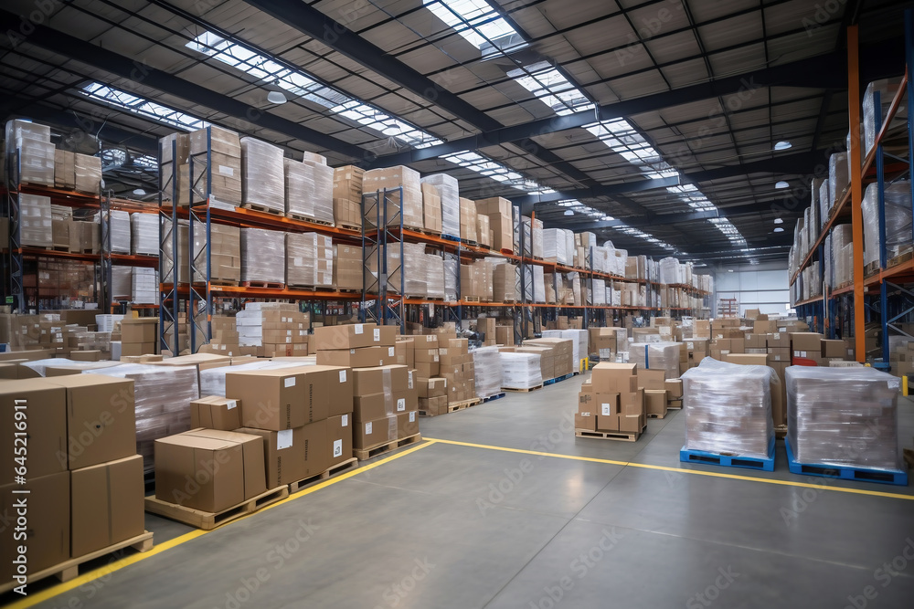 A huge warehouse filled with neatly stacked boxes. Interior of a modern ...
