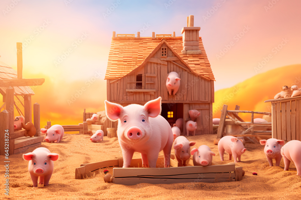 Cartoon pigs on a pig farm. The game of raising domestic animals Stock ...