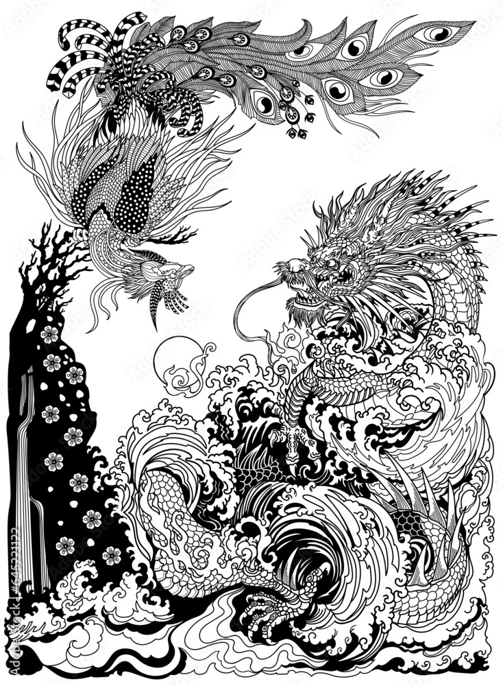 Dragon and Feng Huang or Chinese phoenix are depicted playing with or ...
