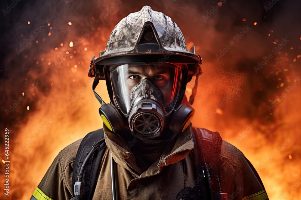 Professional fireman in gas mask looking at camera. Portrait of a ...