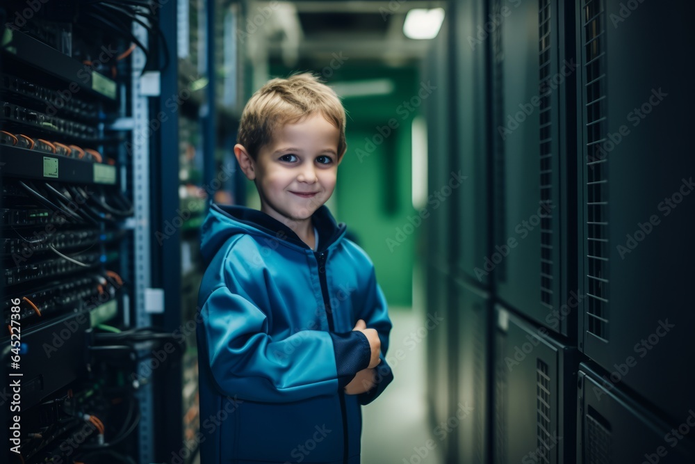 Cute little boy in datacenter server room. Selective focus. Stock Photo ...