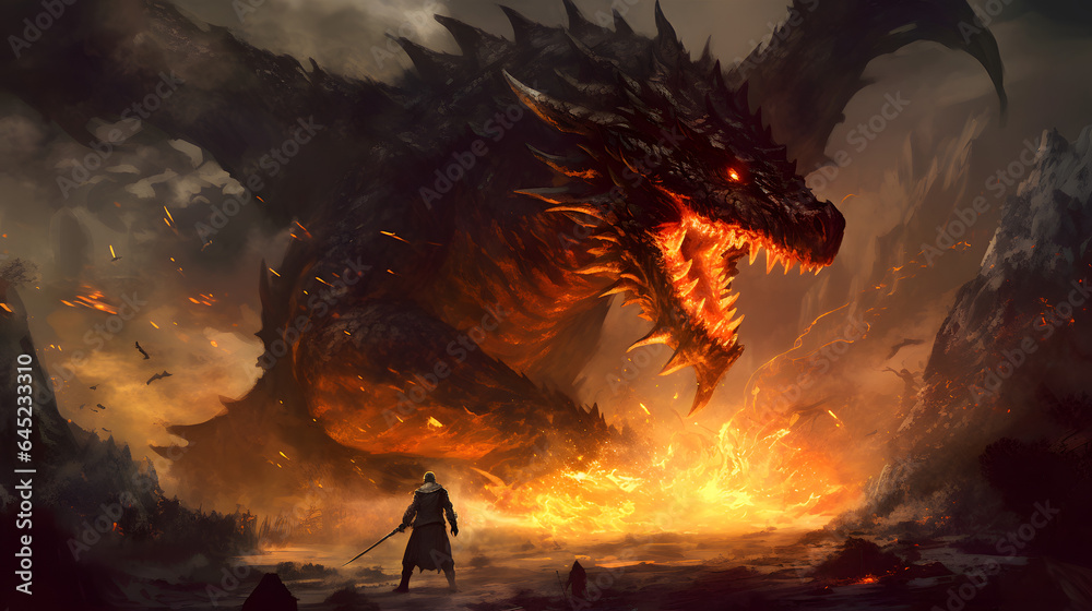 Fire breathes explode from a giant dragon in a black night. generative ...
