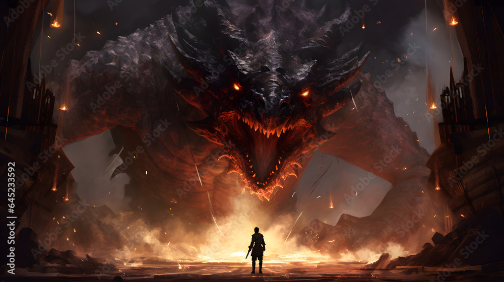 Fire breathes explode from a giant dragon in a black night. generative ...