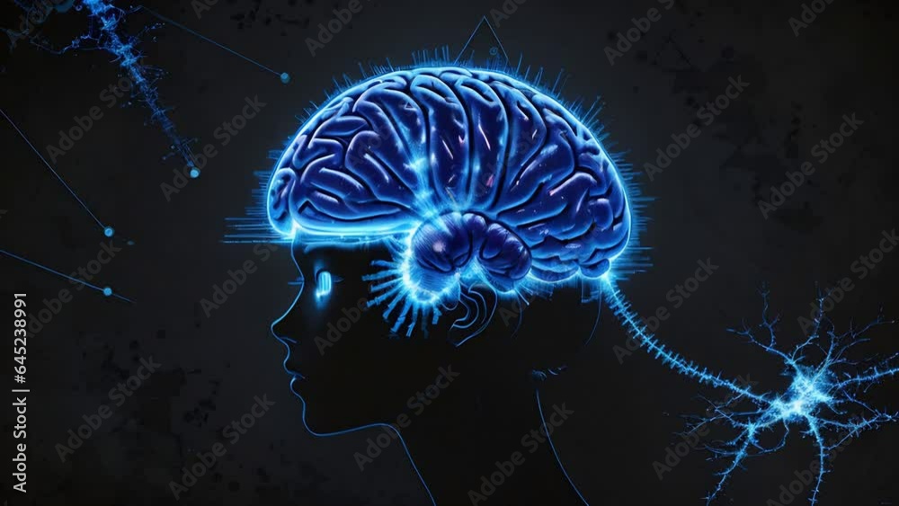 Futuristic animation with blue human brain on dark grunge background ...