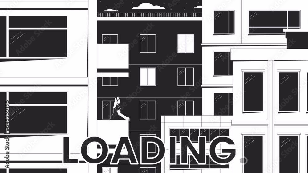 Lonely girl on balcony bw loading animation. Residential building night ...