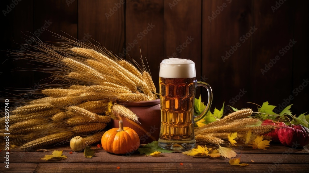 a rustic wooden background adorned with a frothy mug of beer, fresh ...