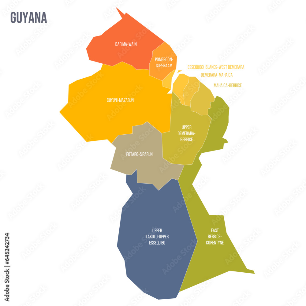 Guyana political map of administrative divisions - regions. Colorful ...