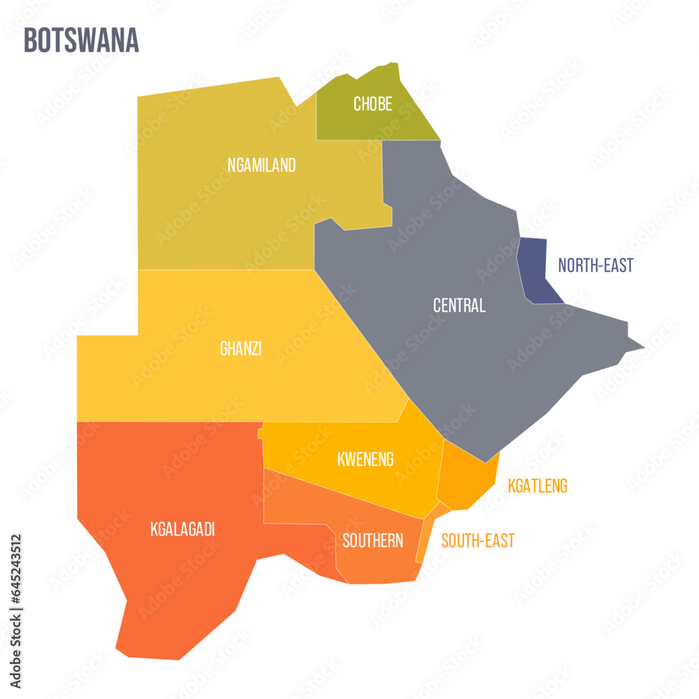 Botswana political map of administrative divisions - rural and urban districts. Colorful ...